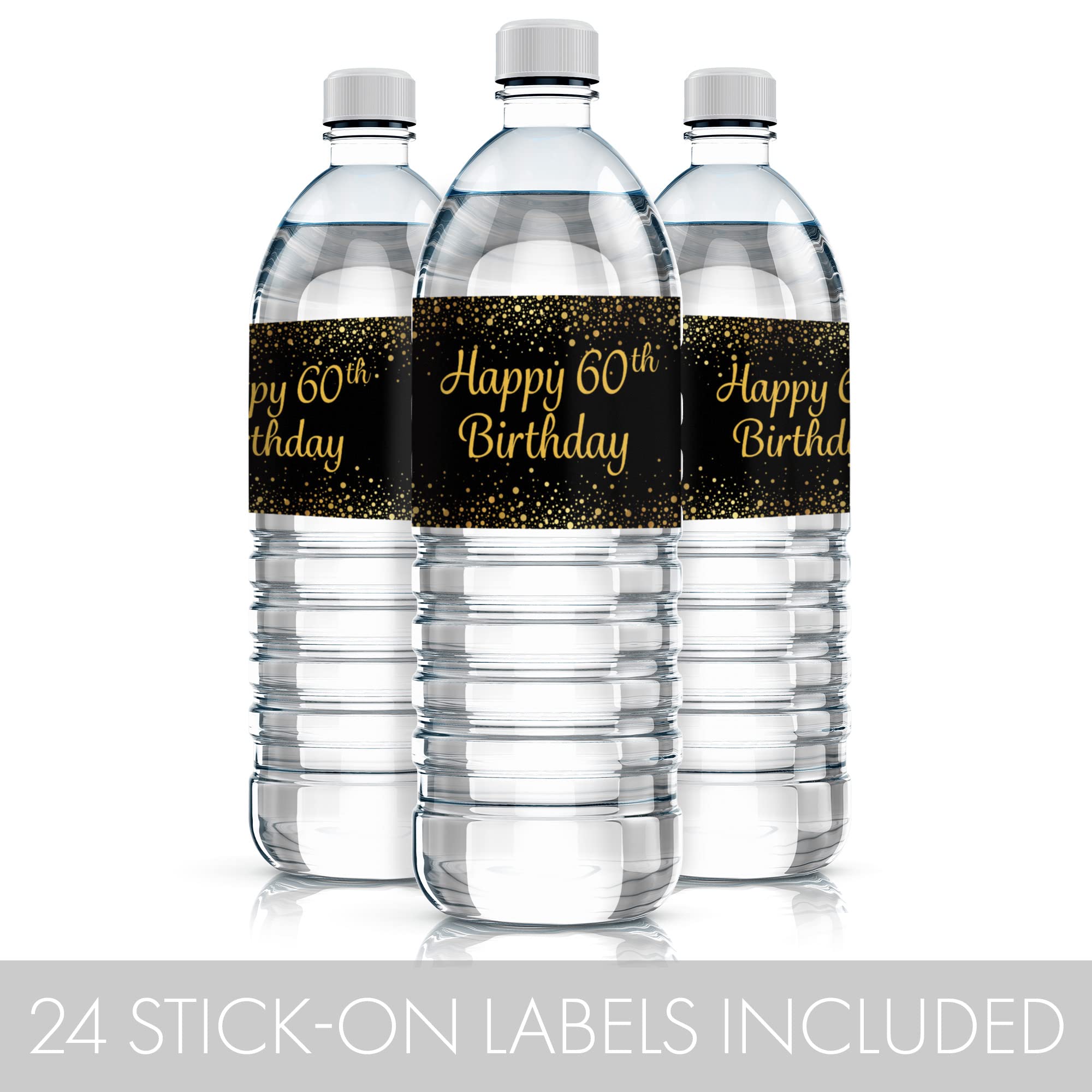 Black and Gold 60th Birthday Party Water Bottle Labels - 24 Stickers, 60th Birthday Decorations