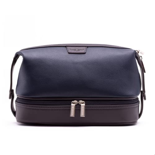 Vetell Leo Large Leather Men's Travel Toiletry and Shaving Case Bag with Upper and Lower Zippered Compartments, 3 Interior Loops and Carrying Handles