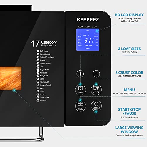 KEEPEEZ Bread Maker Machine, 2LB Premium Stainless Steel Bread Maker, 17-in-1 with Gluten Free, Jam, Yogurt, Dough, Auto Nut Dispenser, Ceramic Pan, 1Hour Keep Warm, 3 Crust Shades, 2 Paddles, Recipes