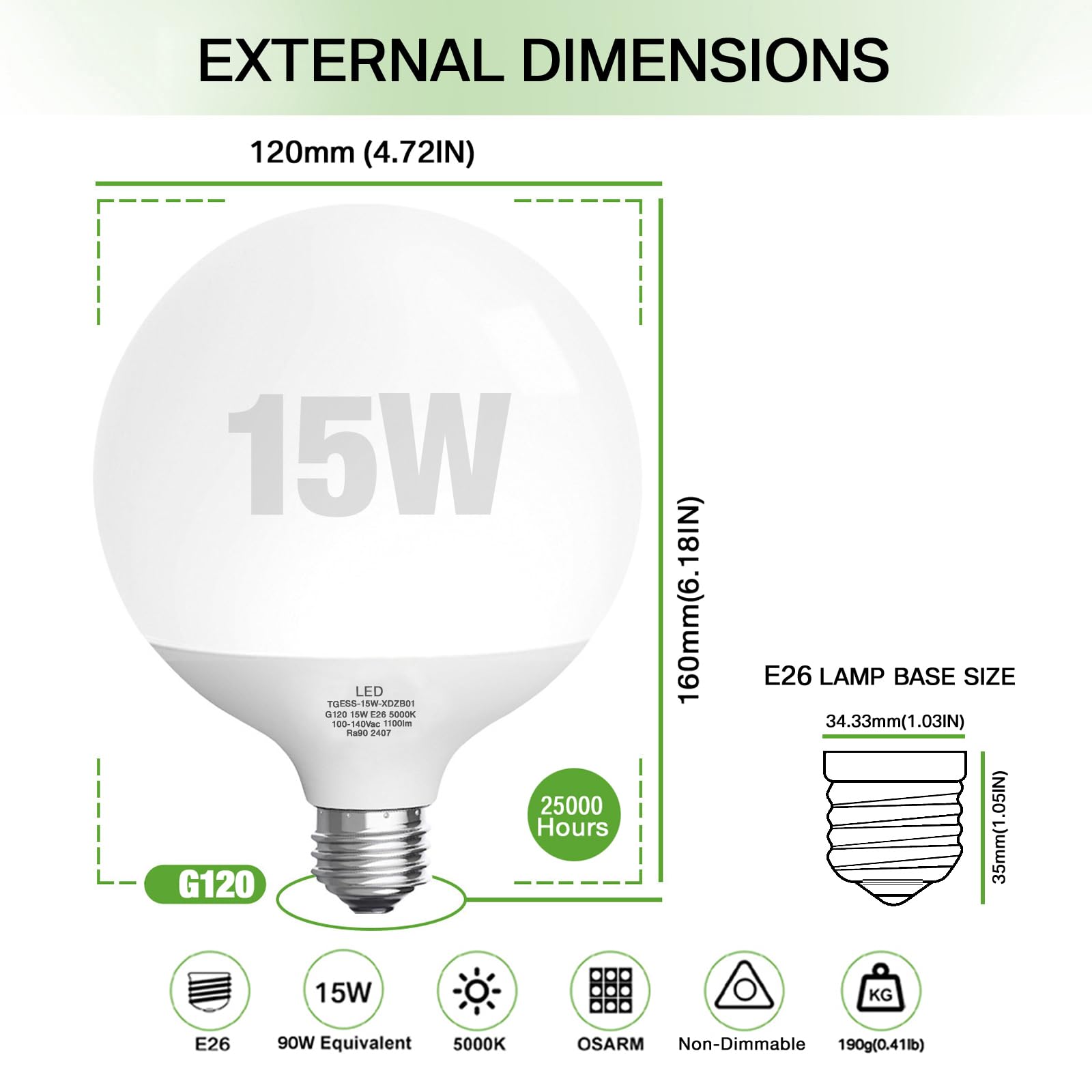 Jardhom LED Light Bulb,G120 Globe Bulb,15W (150W Equivalent) Globe Light Bulbs,Daylight 5000k Led Bulb,Non-Dimmable,E26 Base Large Decorative Lamp,1100 Lumer, for Indoor Room Lighting Globe Light