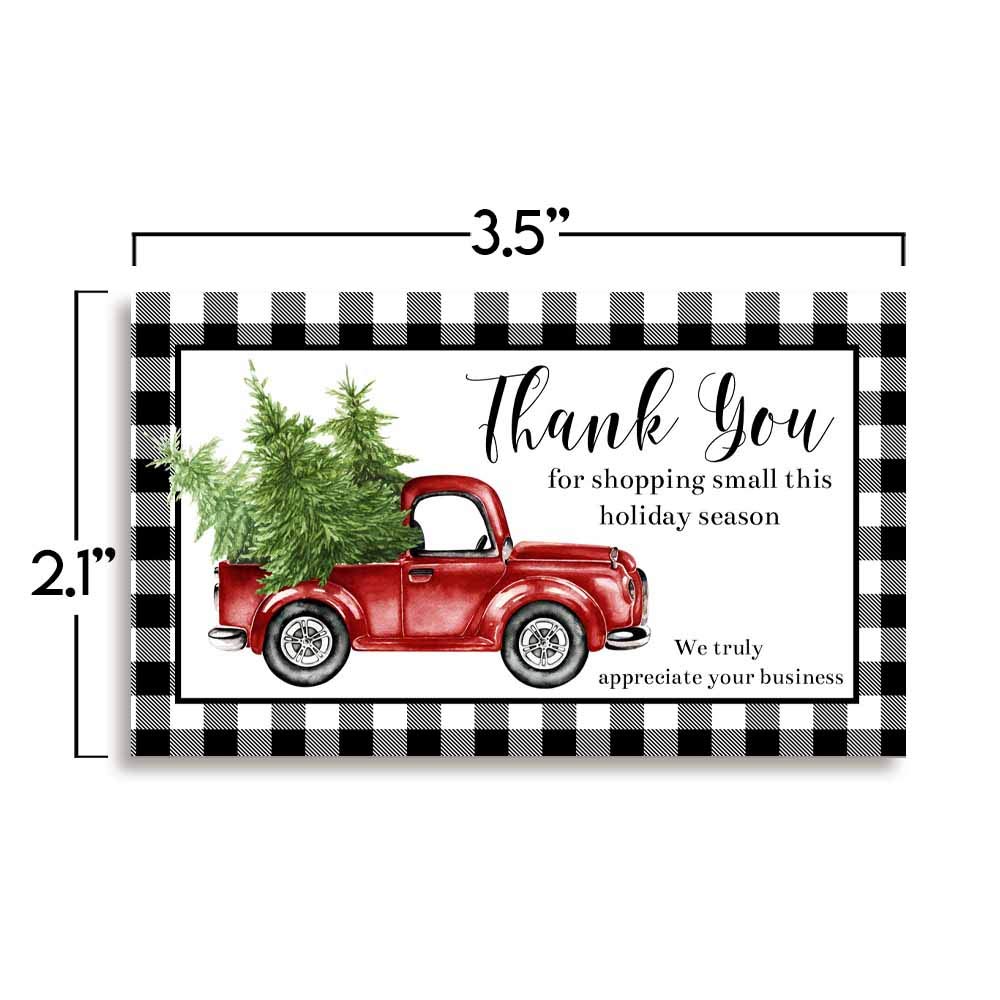 Black Buffalo Plaid Red Watercolor Pickup Truck Christmas Holiday Customer Appreciation Package Inserts for Small Businesses, 100 2" X 3.5” Single Sided Insert Cards