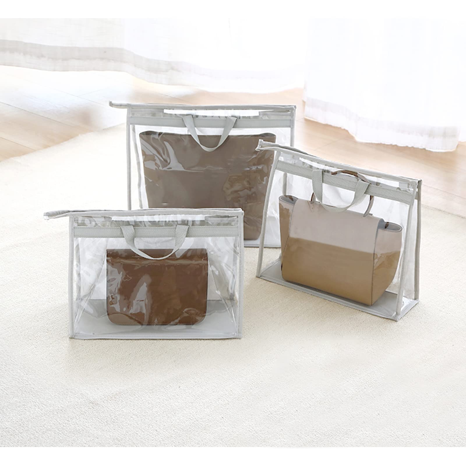 FuninCrea 4 Pack Handbag Storage Clear Handbag Dust Bags with Zipper and Handle Dustproof Moistureproof Handbag Storage Organizer, Purse Storage Organizer for Closet (Grey)