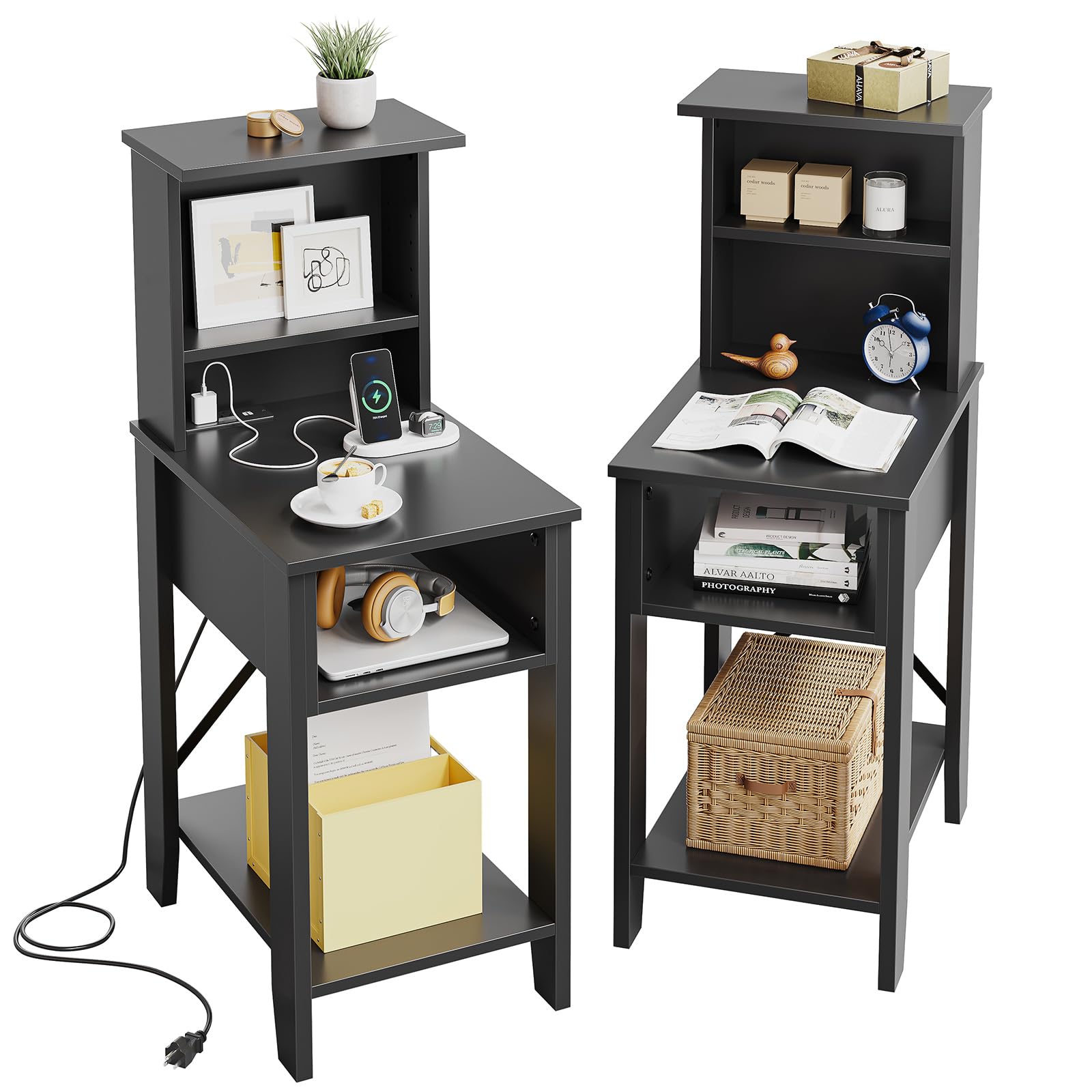 Bestier Tall Bedroom End Tables Set of 2 Two Nightstands Set of 2 Two Nightstands Bedside Tables with USB Tall Nightstand with Charging Station Tall Narrow Nightstand with Cabinet Side Table Black
