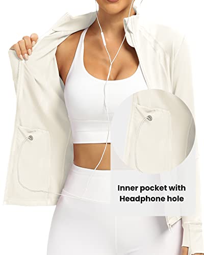 AVGO Women's Running Track Jacket Lightweight Athletic Slim Fit Track Jacket Gym Top Workout Clothes 2024(Lvory White, L)