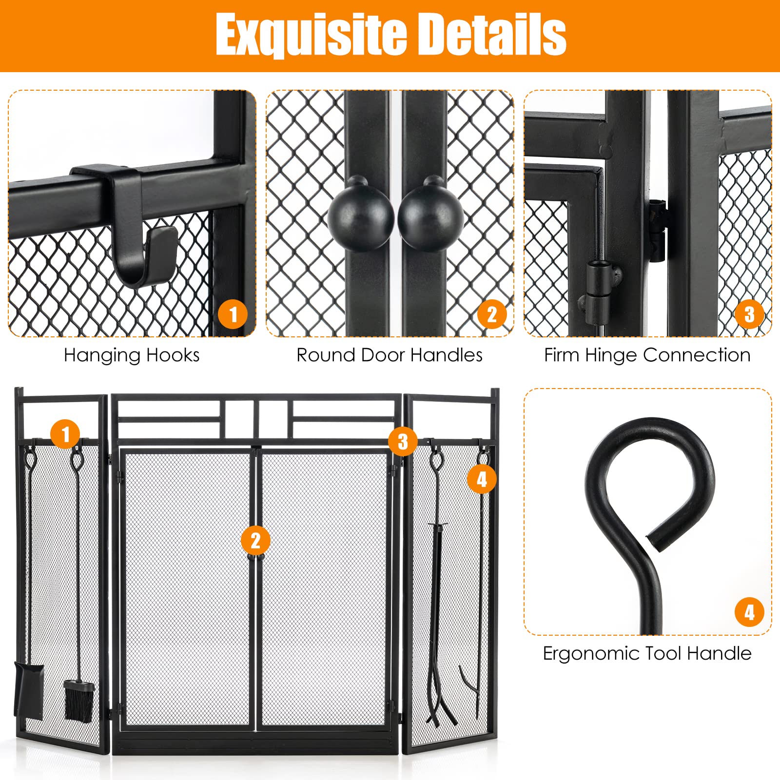 Tangkula 3-Panel Folding Fireplace Screen with Magnetic Hinged Doors, Fire Spark Guard with Fireplace Tools Set, Wrought Iron Decorative Mesh Cover with Wood Burning Stove Accessories, Black