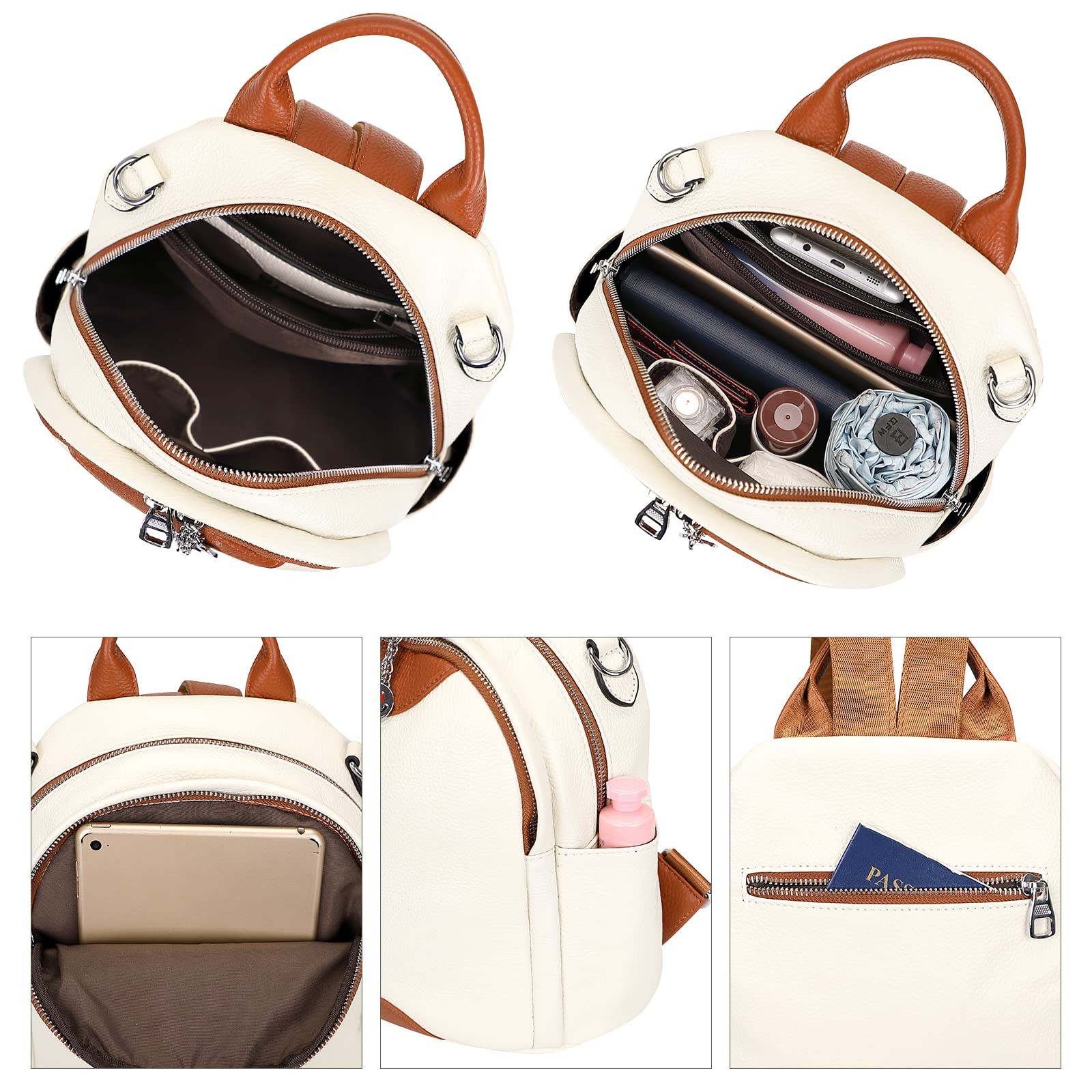 ALTOSY Soft Genuine Leather Backpack for Women Small Convertible Backpack Purse Shoulder Bag for Ladies (S97 White/Brown)