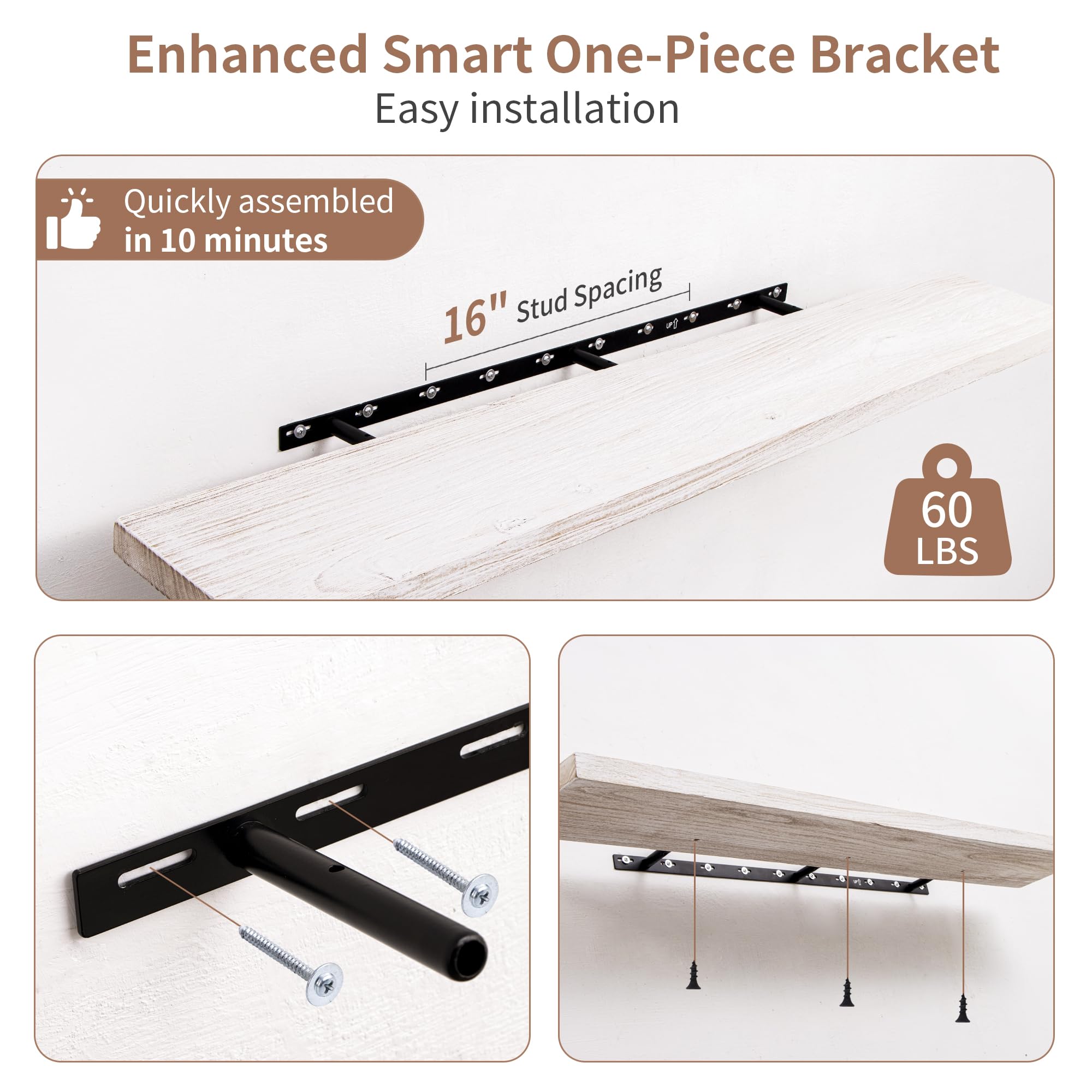 Axeman Floating Shelves for Wall, Rustic Elm Wood 48''W x 8" D Wall Shelf with Invisible Bracket, Large Long Wall Mounted Storage Shelves for Living Room, Bedroom, Kitchen, Bathroom Decor, White Wash