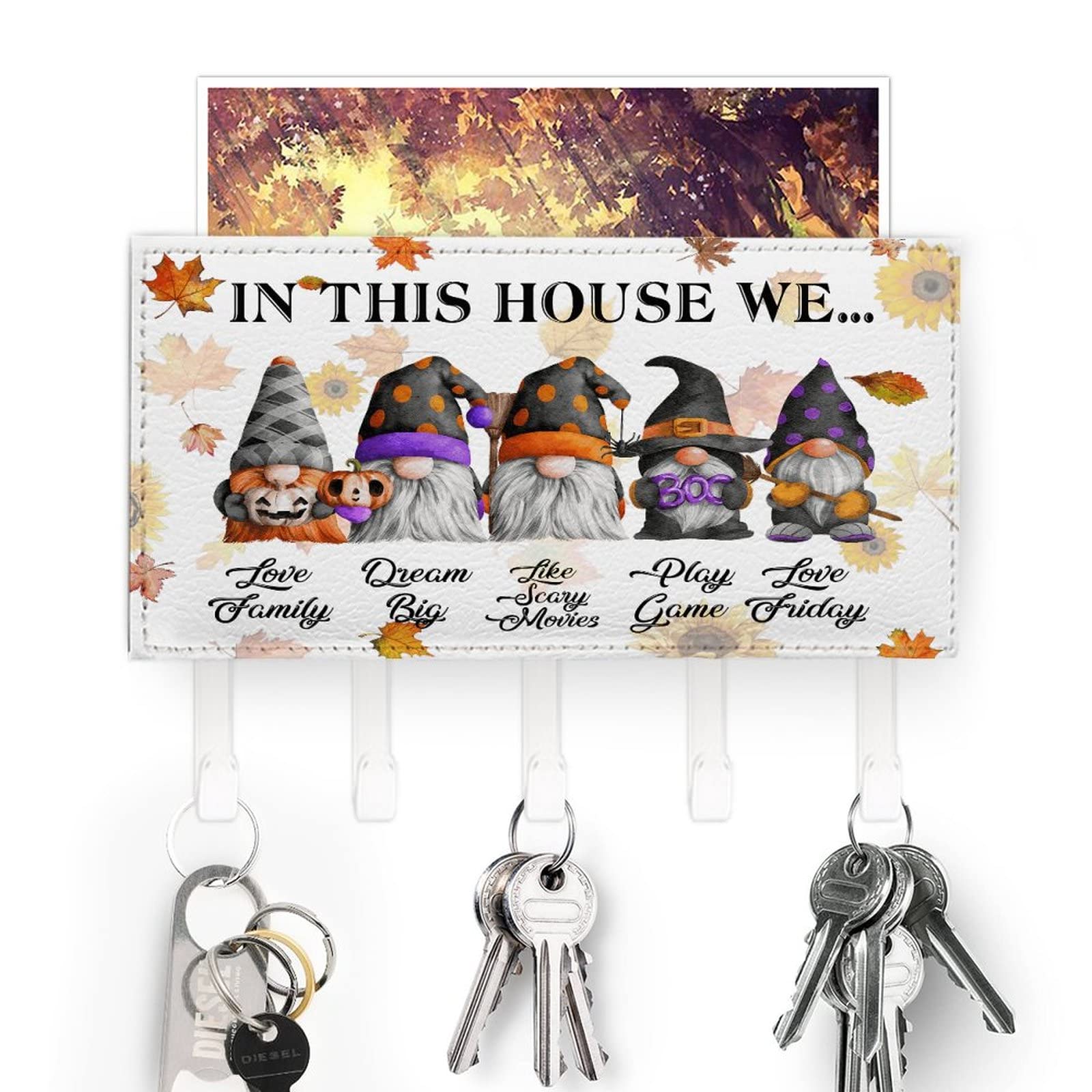 in This House We Key Holder Gnome Personalized Family Member Name Wall Mount Key Hooks Holder Farmhouse Harvest Thanksgiving Self Adhesive Key Hanger Organizer for Entryway Front Door 7x4 inch