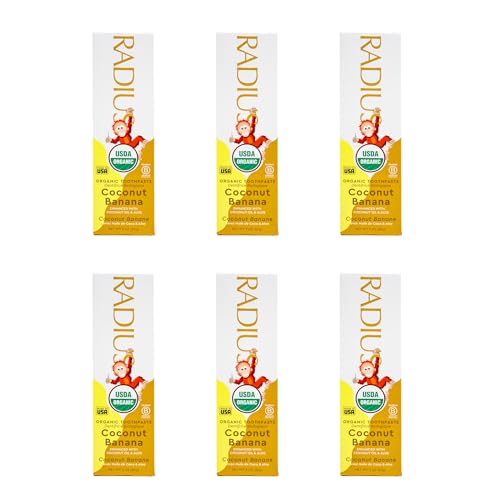 RADIUS USDA Organic Kids Toothpaste 3oz Non Toxic Chemical-Free Gluten-Free Designed to Improve Gum Health for Children's 6 Months and Up - Coconut Banana - Pack of 6