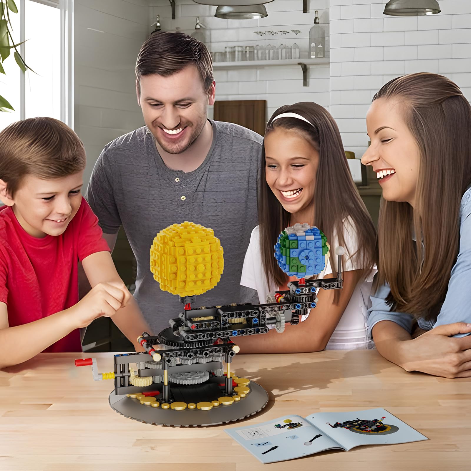 Earth Moon and Sun Orrery Toy Building Sets - Earth Rotation Around Sun Building Bricks-Rotatable Solar System Model, Compatible for Lego Space, Science Educational Architecture Toys for 6+ Kids