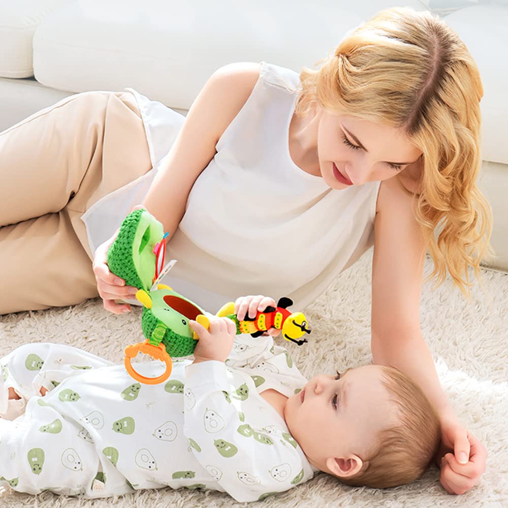 Avocado Stroller Toy with Peekaboo Caterpillar and Mirror, Soft Hanging Rattle & Crinkle Set, Sensory Plush Rattle Toy, Caterpillar Eating Avocado