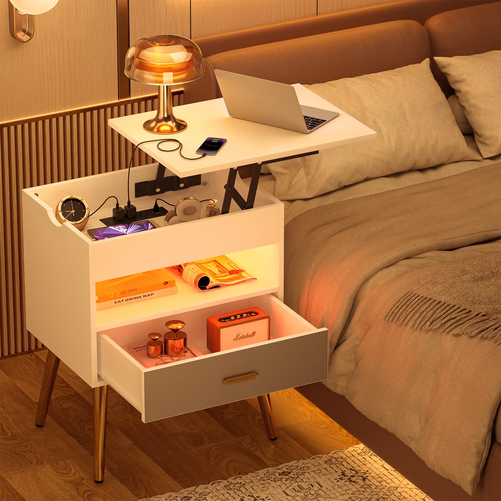 Cyclysio 35'' Nightstands Set of 2 with Reversible Lift Top, Large Night Stand with Lights, Tall Bedside Table with Charging, White Modern Side Table