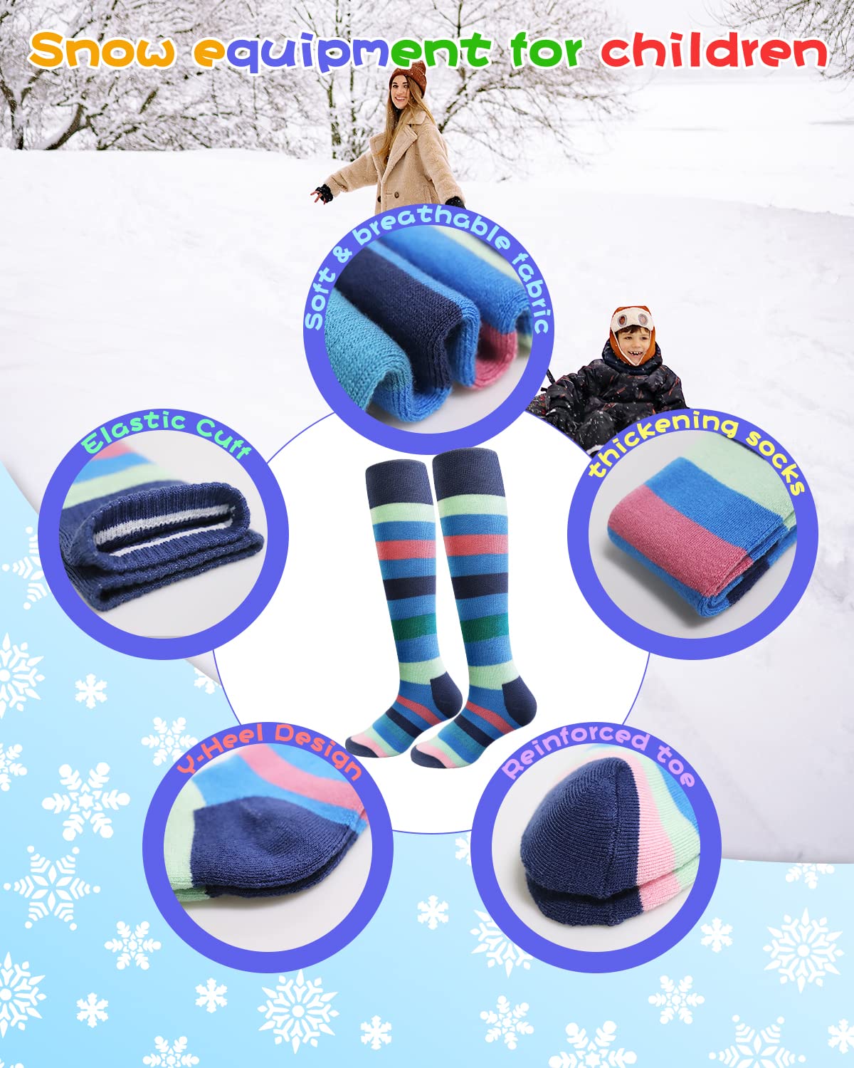 ALLWIN High Kids Ski Socks Skiing Snowboard Socks for Boys and Girls, Cold Weather Skating Outdoor Socks (M, Pattern pink+blue)
