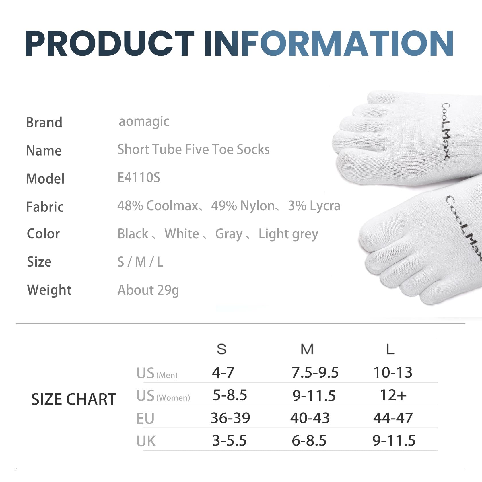 aomagic Men & Women's Five Toe Socks for running hiking,Athletic 5 Toe Socks Lightweight Breathable-Value 3 Packs-White, Medium