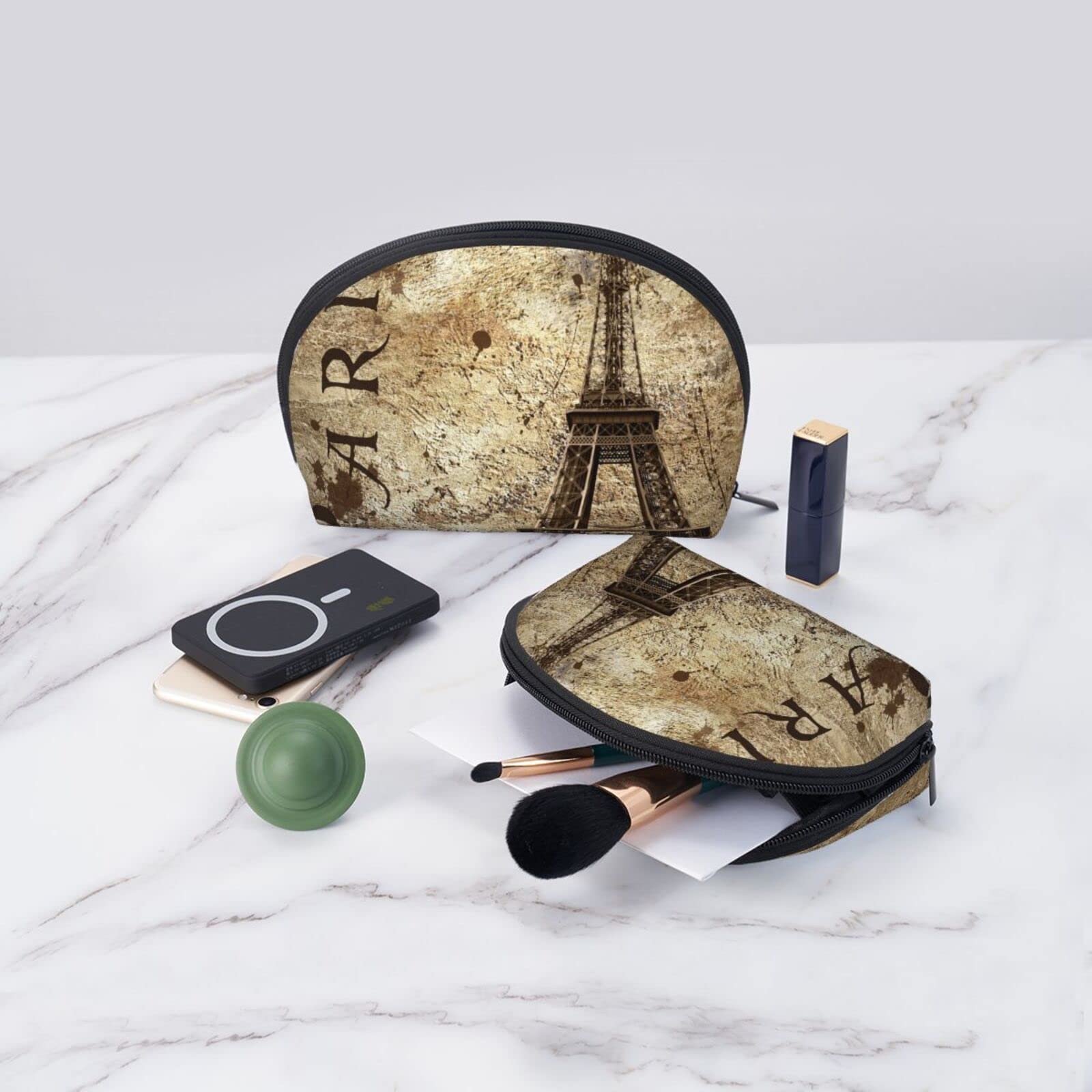 allgobee 2 Pcs Cosmetic Bags Vintage-Paris-Retro Travel Makeup Bag Shell Toiletry Women Handbag