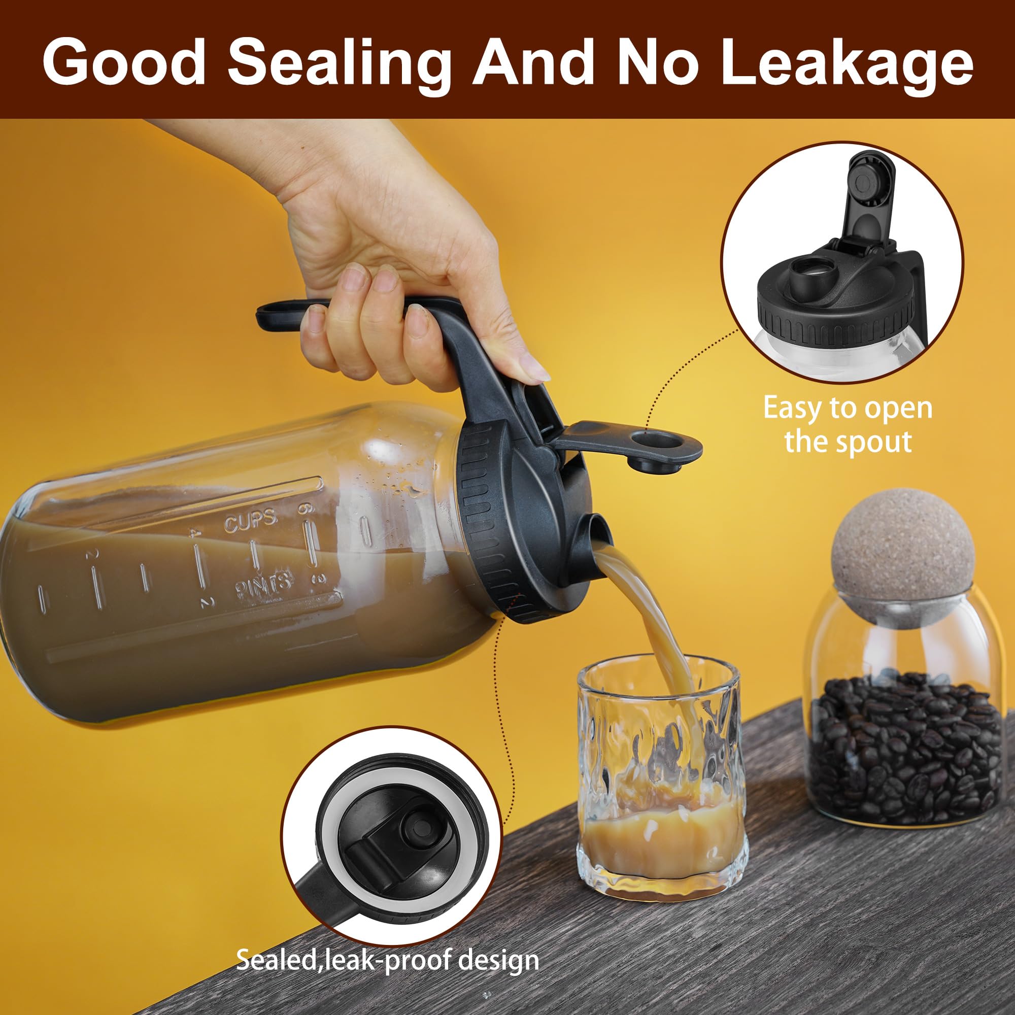 Behidiruch Cold Brew Coffee Maker Pitcher, 64 oz Iced Coffee Maker with Stainless Steel Filter and Pour Spout Handle Lid, Wide Mouth Thick Glass Mason Jar for Iced Coffee, Lemonade, Fruit Drinks