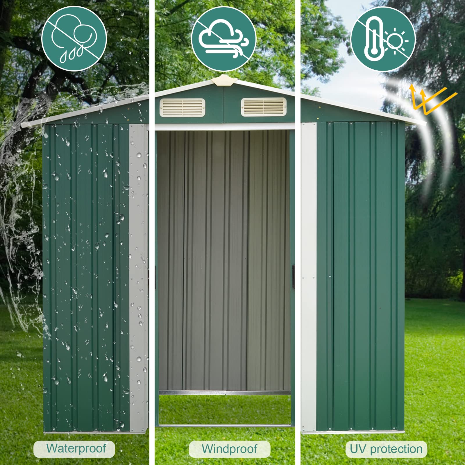 Steel Garden Storage Shed 6' x 4' - Utility Tool House with Vents Garden Storage House Metal Shed for Patio (Green)