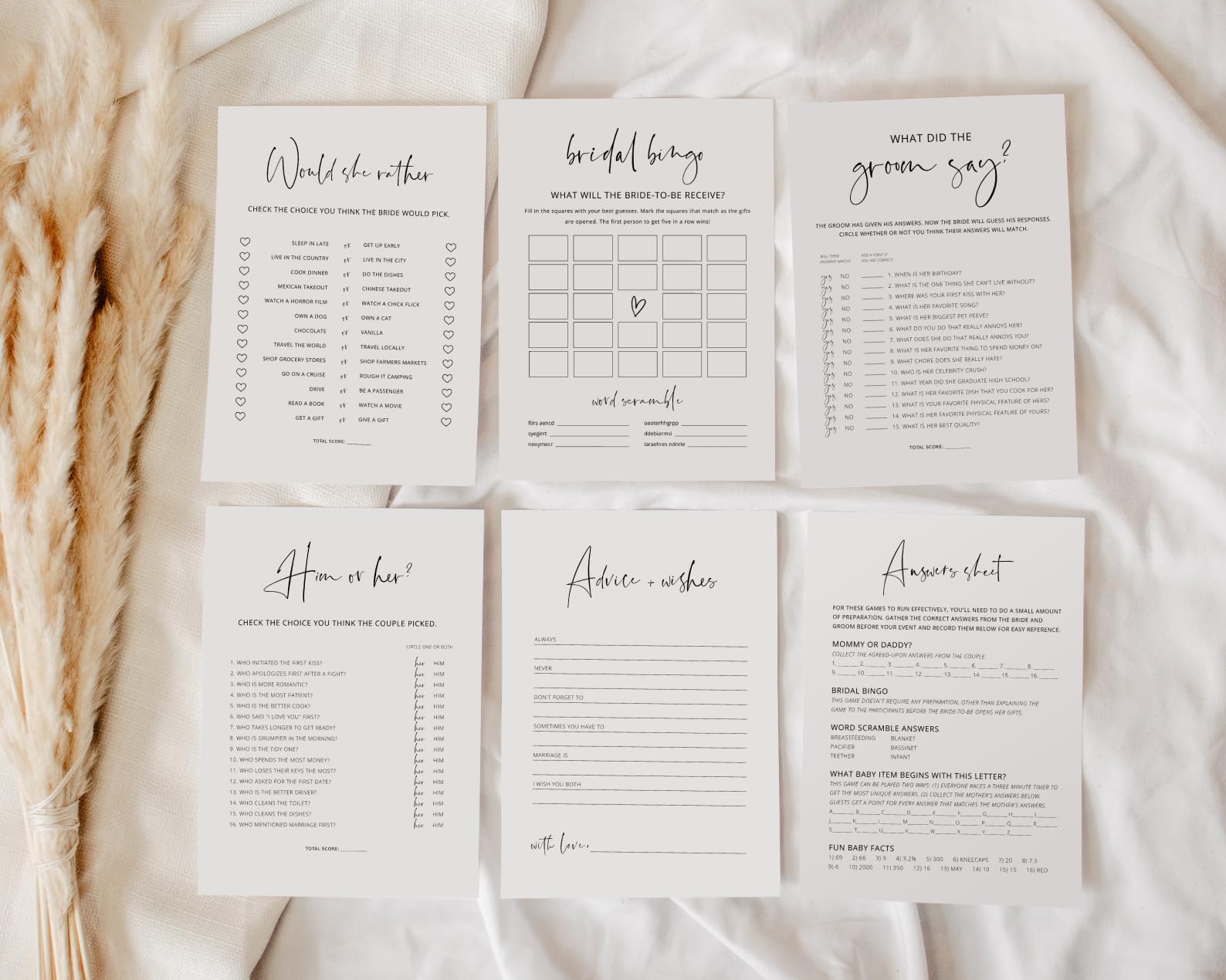 GardenCity Bridal Shower Games For 50 Guests, 4 Games + Advice and Wishes - Double Sided Cards - Minimalist