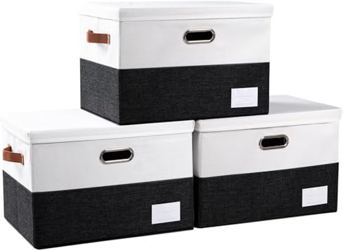 BeigeSwan Medium 23 Liter Collapsible Stackable Storage Bins with Lids, 3 Packs Foldable Fabric Closet Boxes Lidded Storage Bins Heavy-duty Fabric Baskets Organizers Storage (15.4” x 10” x 9.5”)