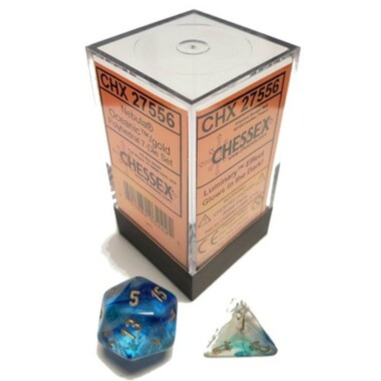Oceanic Nebula Luminary Dice with Gold Numbers 16mm (5/8in) Set of 7 Chessex, Blue