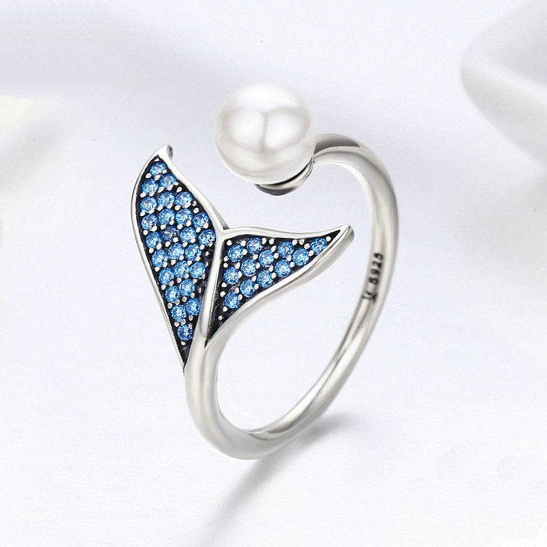 Amaer Dolphin ring S925 Sterling Silver Dolphin Tail Adjustable Finger Ring for Women Girls Open Eternity pearl Ring High Polished White Gold