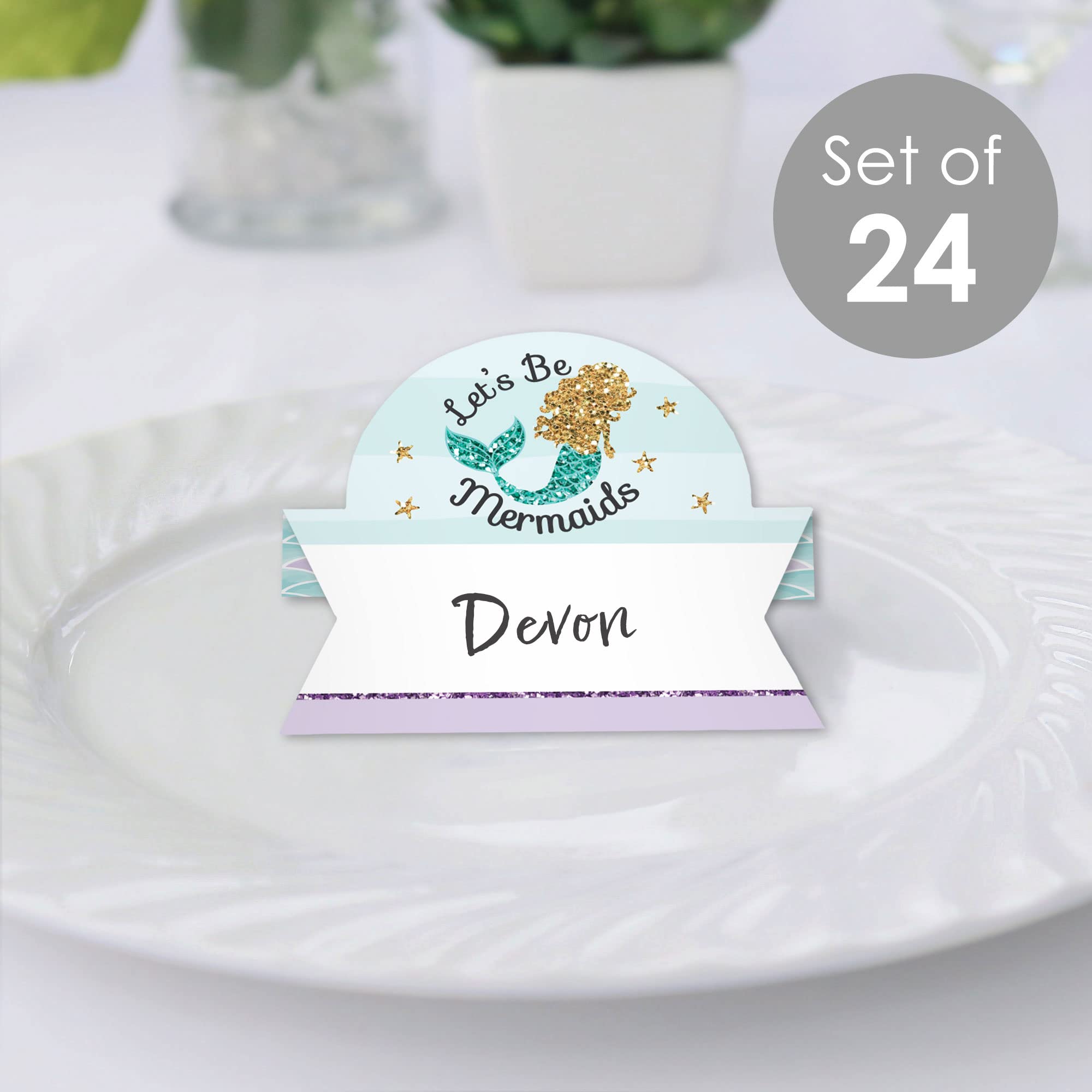 Big Dot of Happiness Let’s Be Mermaids - Baby Shower or Birthday Party Tent Buffet Card - Table Setting Name Place Cards - Set of 24