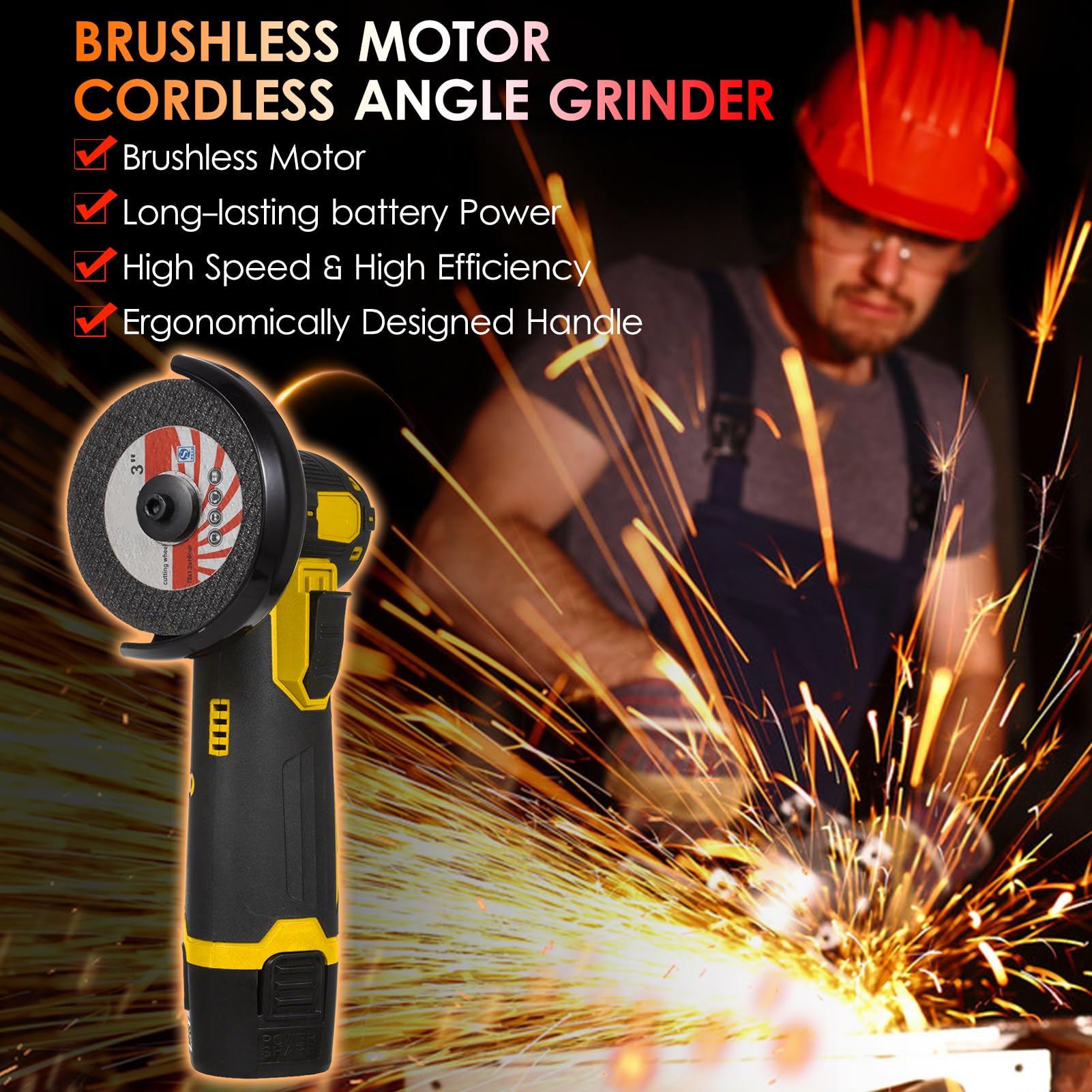 Aumotop Cordless Brushless Angle Grinder Kit, Grinding Disc 3in/76mm, 19500rpm Mini Lightweight Electric Grinding Tool Handheld Cutter with 2 PCS 12V1500mAh Batteries & 6PCS Cutting Discs