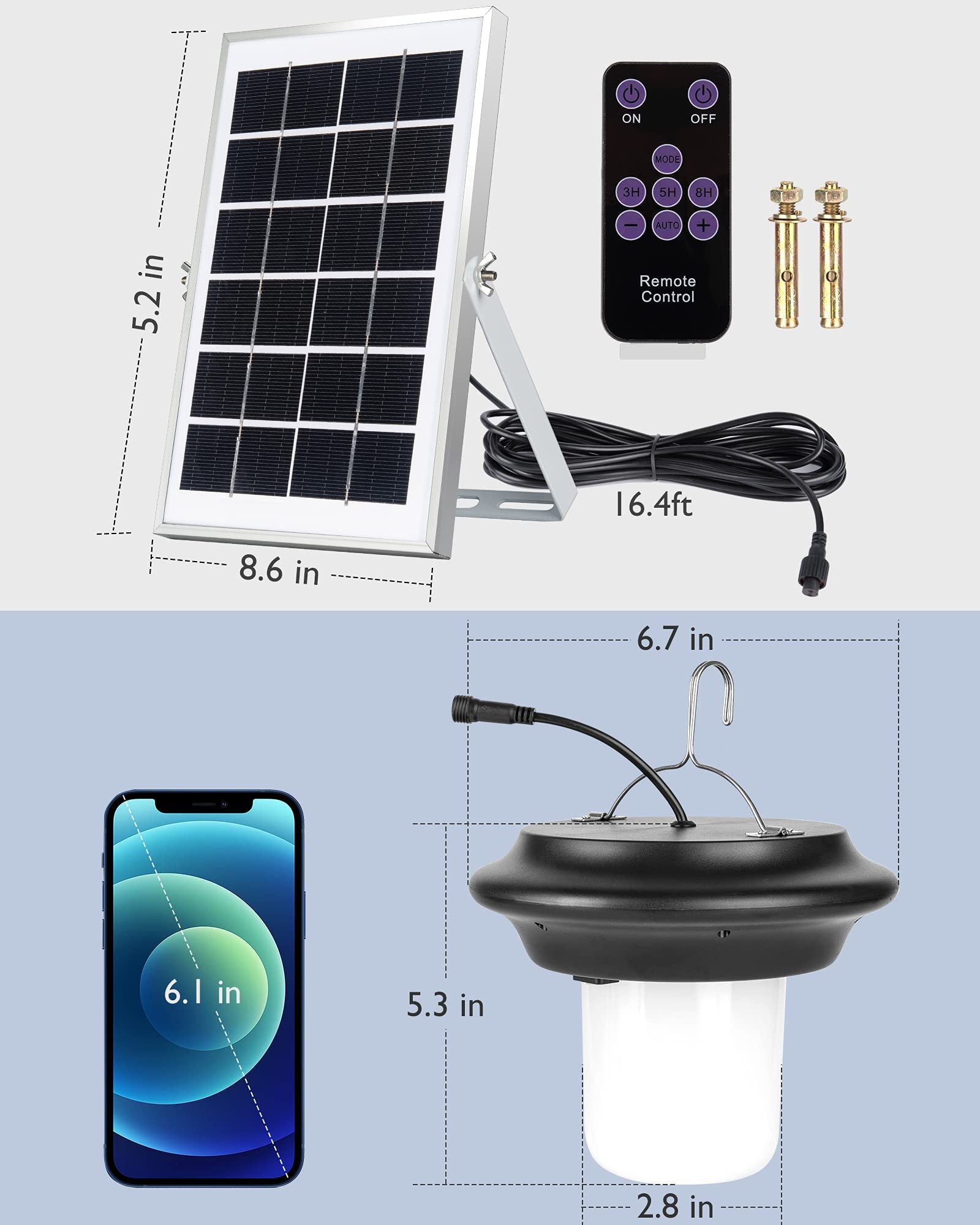 JACKYLED Solar Shed Lights, 3300mAh Hanging Light with Remote Control & 16.4ft Extension Cord for Chicken Coop Gazebo Carport Pergola Garden, 6000K Cool White