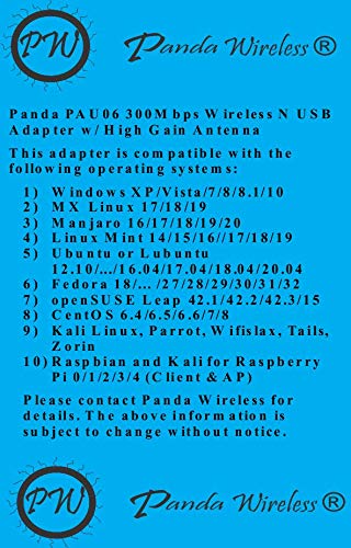 Panda Wireless PAU06 300Mbps Wireless N USB Adapter - w/High Gain Antenna - Win XP/Vista/7/8/10/11, Zorin, Mint, Ubuntu, MX Linux, Manjaro, Fedora, Centos, Kali Linux and Raspbian