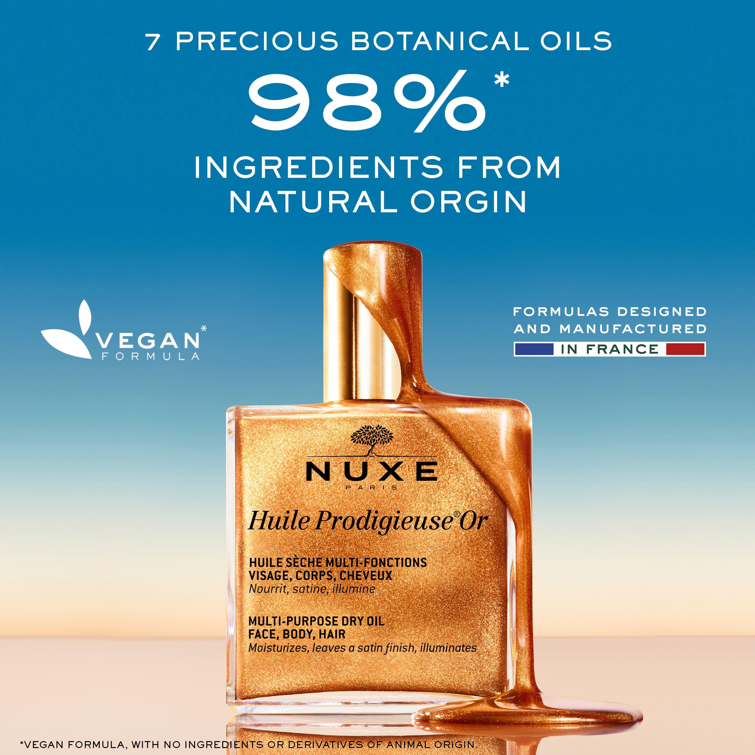 NUXE Huile Prodigieuse Shimmer Multi-Purpose Dry Oil - Luxurious Radiant Glow and Hydration for Face, Body & Hair, 1.6 Fl Oz