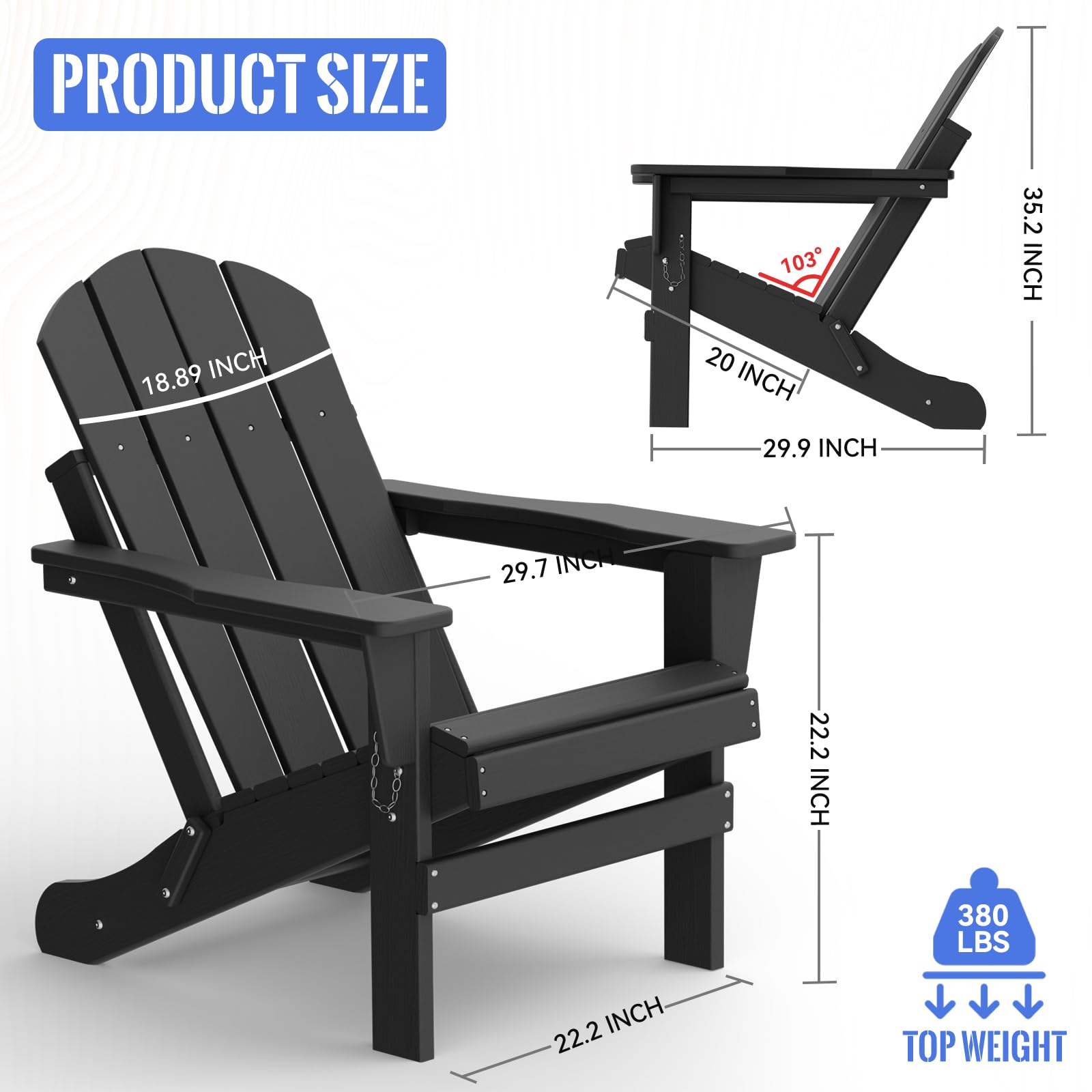 WUTUTUEE Adirondack Chair, Folding, Weather Resistant, White, Composite Material, Modern Style, Fire Pit Plastic Chair for Patio, Deck, Garden