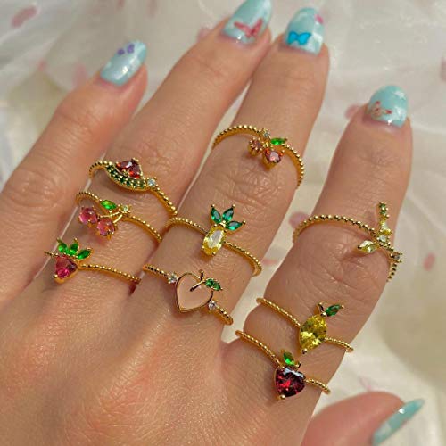 Aloecye Cute Fruit Basket Ring Set 14K Gold Plated CZ Stackable Tropical Fruit Cherry Pineapple Peach Band Ring Gift for Women Girls