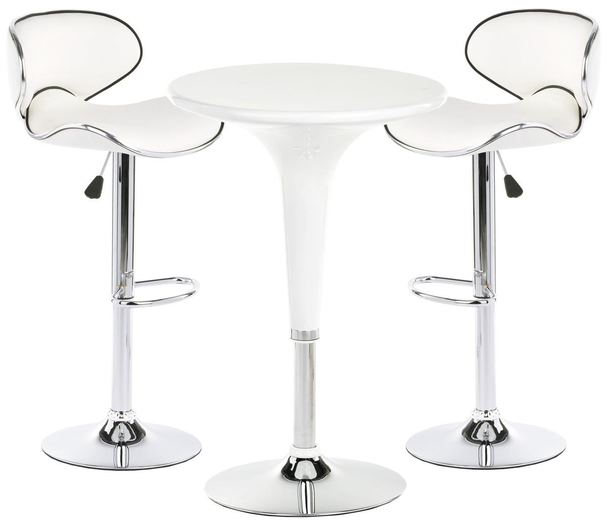 Displays2go White Cocktail Table with 2 Chairs, Adjustable Height, ABS Plastic and Steel Construction, Leatherette Upholstery – White, Chrome (TSFURNK14)
