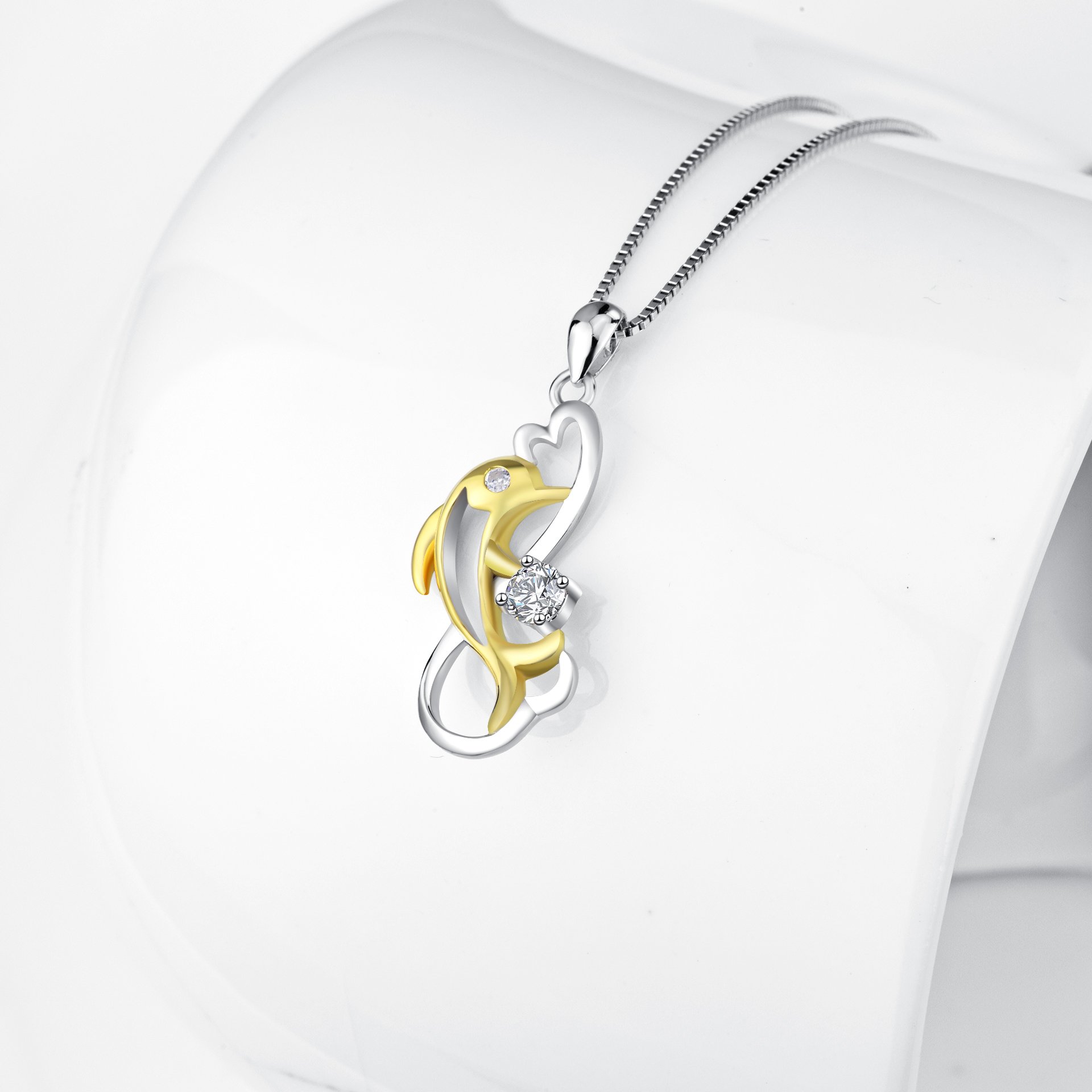 925 Sterling Silver With Cubic Zirconia Dolphin Love Heart Pedant Necklaces 18K Gold Overtone Two Tone Crystal 18 inches Valentineās Gift LSN140