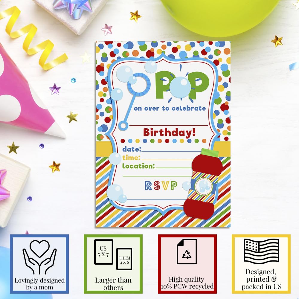 Bubble Birthday Party Invitations, 20 5x7 Fill In Cards with Twenty White Envelopes by AmandaCreationâŚ