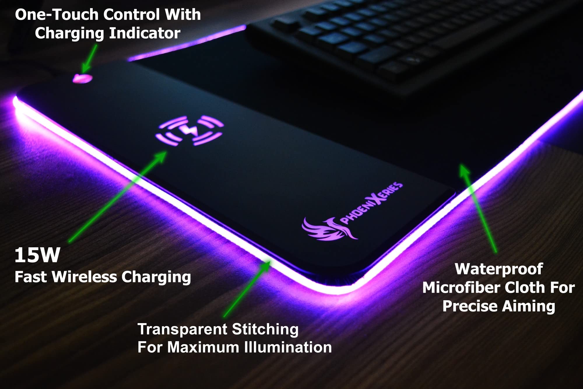 PhoeniXeries RGB Wireless Charging Mouse Pad 15W, XL 900x300x4MM Mouse Mat, RGB Mouse Pad with Wireless Charging, Keyboard Mat for Gaming
