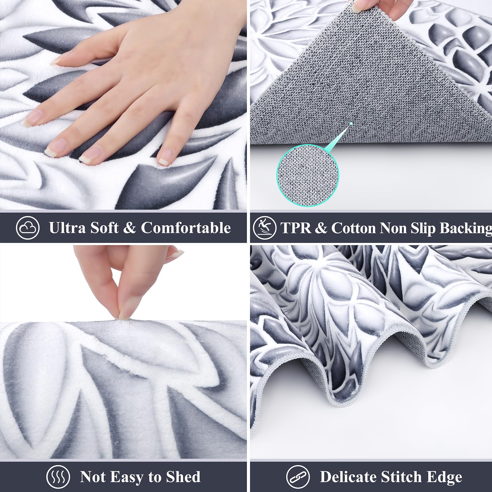 Vaukki Floral Kitchen Rug Sets 3 Pieces, Washable Kitchen Mats for Floor, Non Slip Soft Kitchen Area Rug Floor Mat for Kitchen, Laundry Room and Hallway (Grey, 20''x32''+20''x47''+20''x59'')