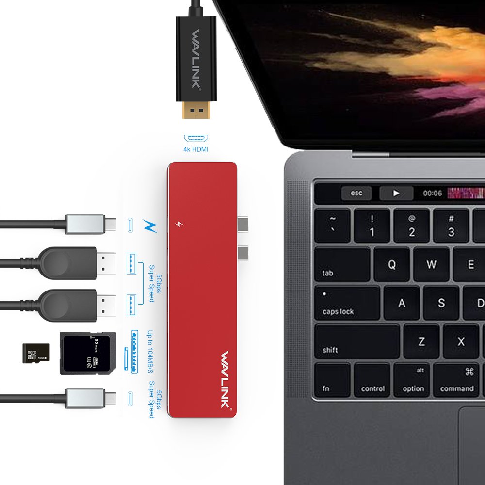 Wavlink USB-C Hub Aluminum Type-C Adapter for Apple MacBook Pro 2016 and 2017-40GB/S Thunderbolt 3 5K@60Hz, USB-C Data Port, 2 USB 3.0, SD/Micro SD Card Readers with Leather case-Red
