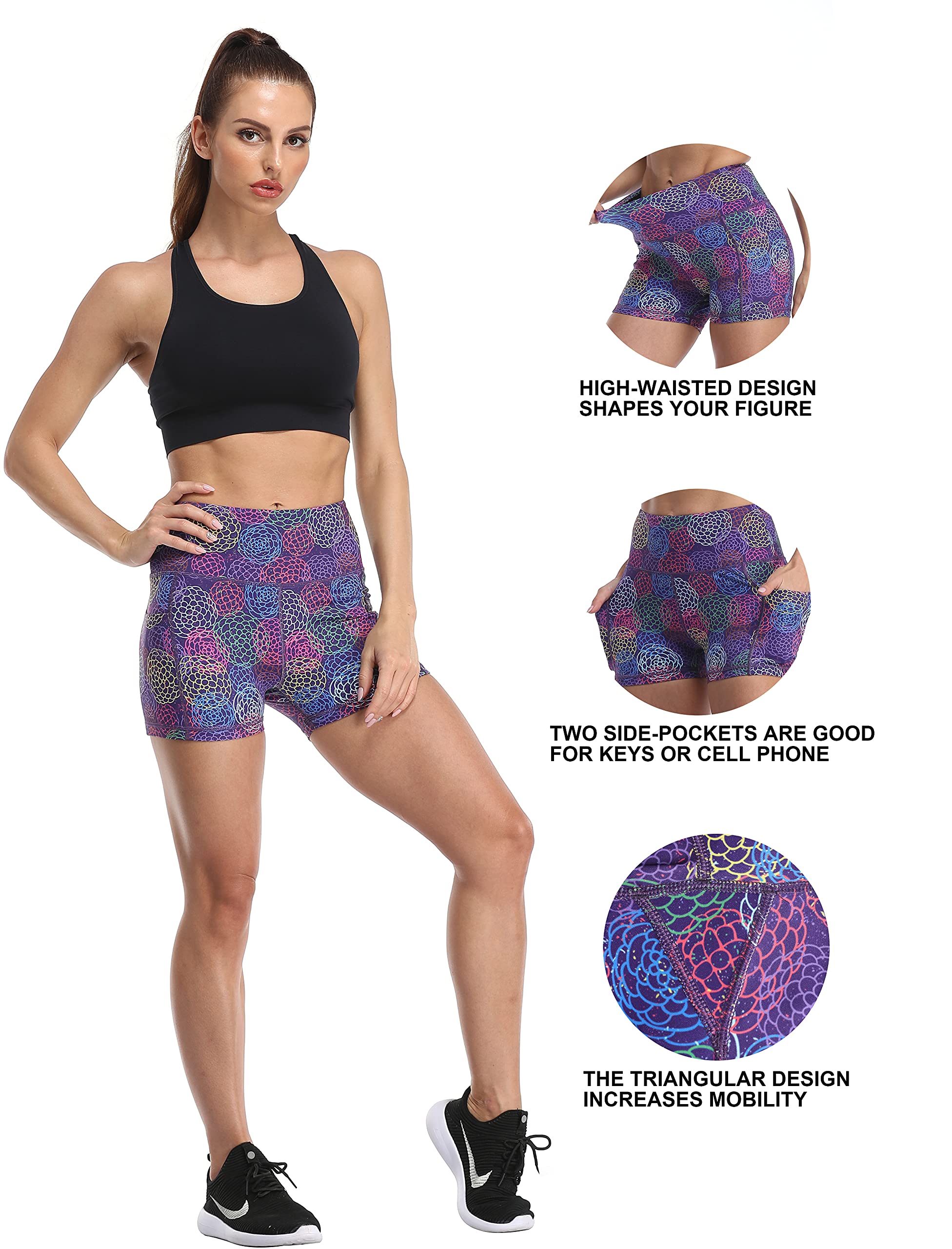 Amazon Essentials Workout Volleyball Yoga Print Short Pockets High Waist Exercise Running Gym Shorts for Women 3" Purple Circle Flower-M