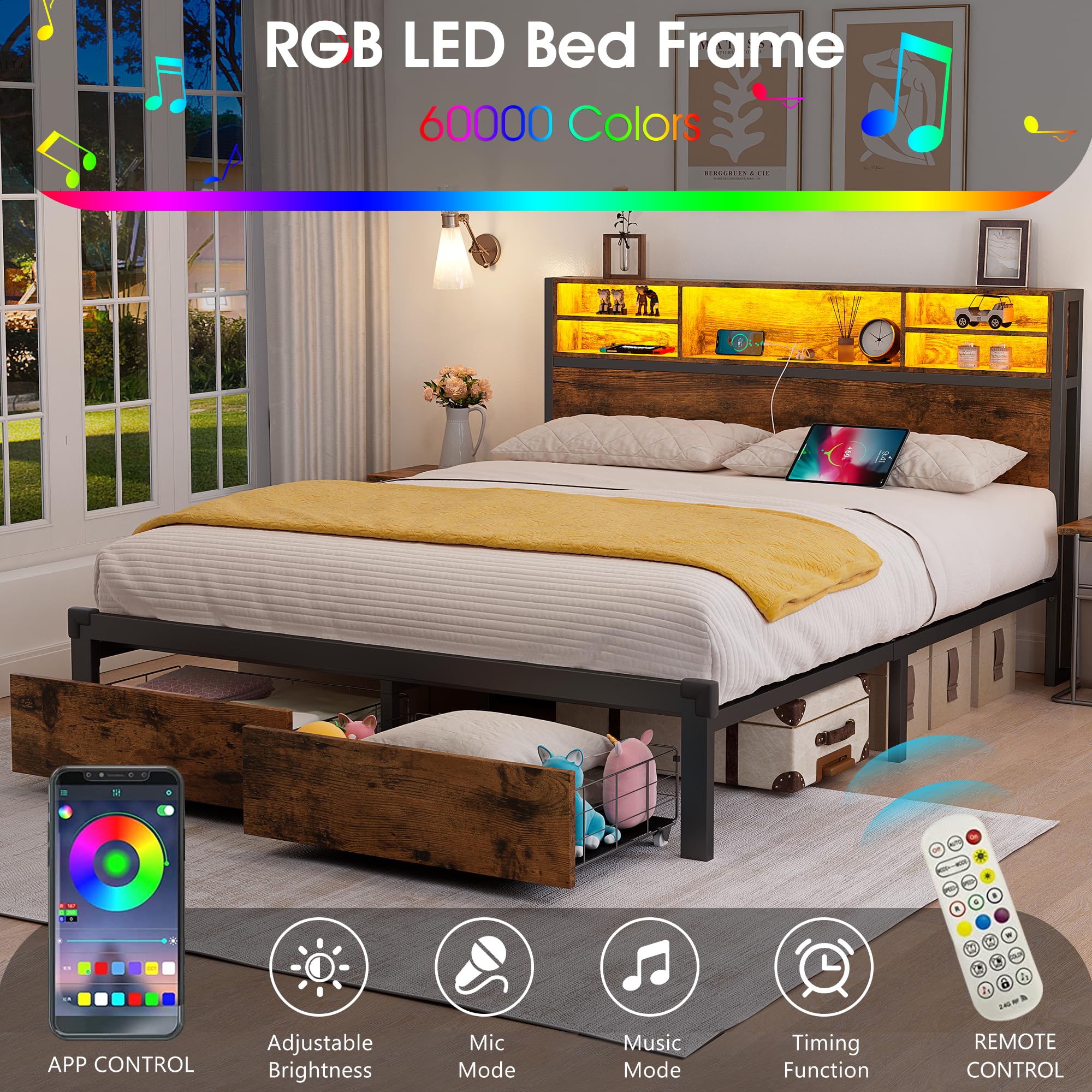 Alohappy Queen Bed Frame with Storage Headboard and Drawers,Metal Platform Bed Frame Queen Size with RGB Led Lights and Charging Station, No Nosie No Box Spring Needed (Queen (U.S. Standard))