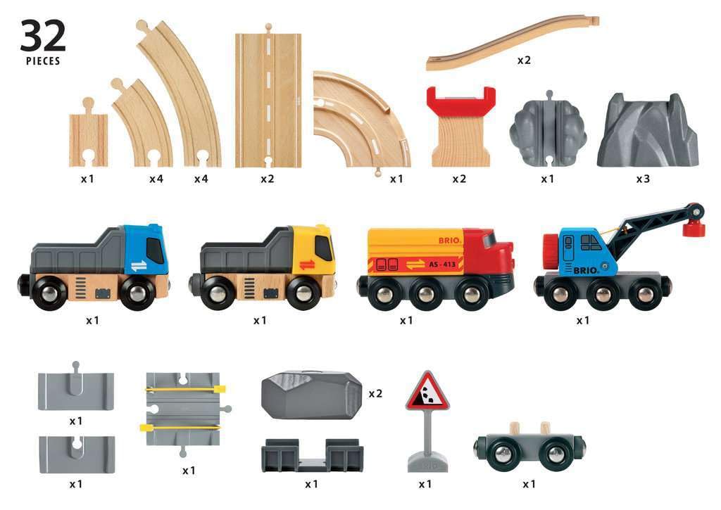 BRIO World 33210 - Rail & Road Loading Set - 32 Piece Wooden Train Set | Ideal for Kids Aged 3+ | with Special Crane Car & Flatbed Idea