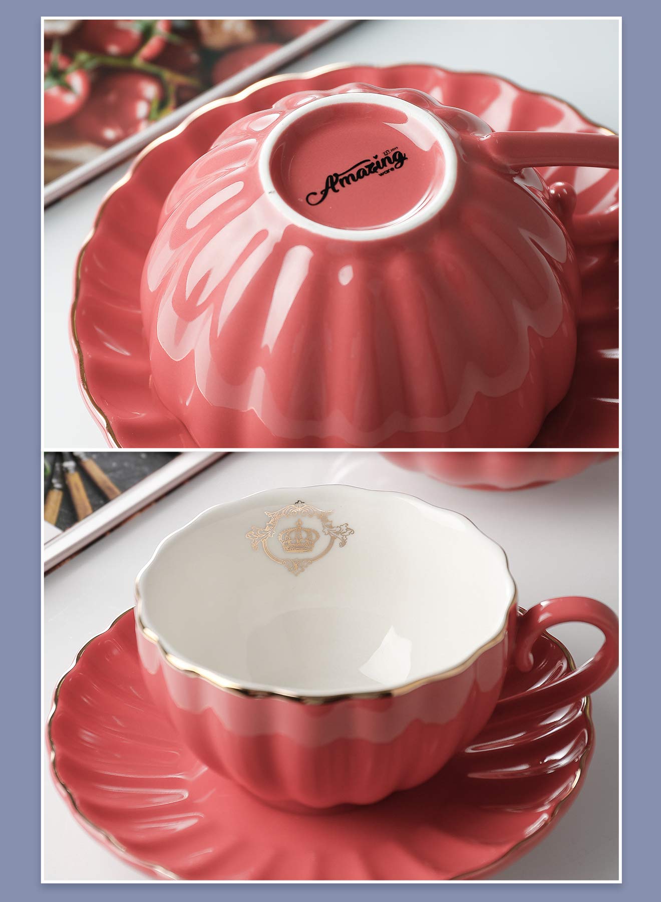 Amazingware Porcelain Tea Set - Tea Cup and Saucer Set Service for 6, with 28 ounces Teapot Sugar Bowl Cream Pitcher Teaspoons and Tea Strainer - for Thanksgiving - Pumpkin Fluted Shape, Red