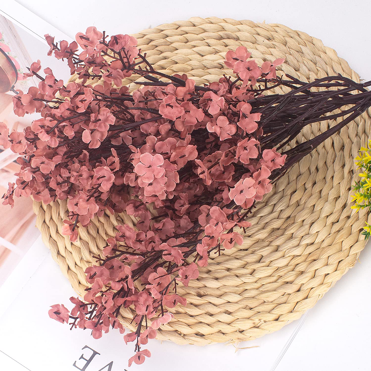 Hukidoy Babys Breath Fabric Cloth Artificial Flowers 6 Bundle European Fake Silk Plants Decor Wedding Party Decoration Bouquets Real Touch DIY Home Garden (Fall Pink)