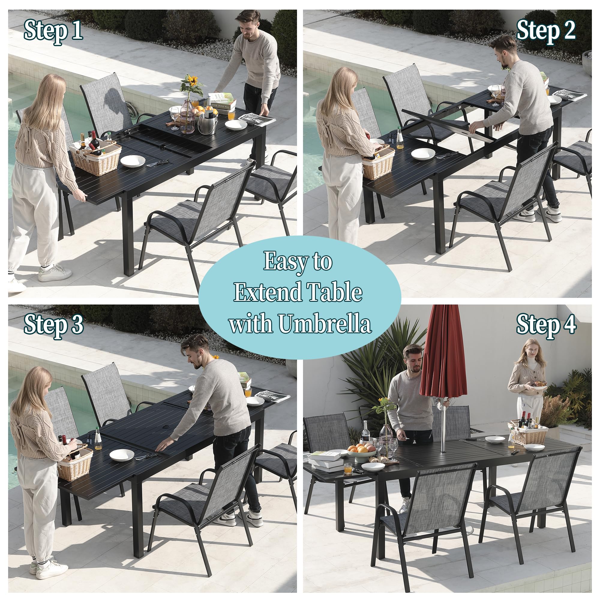 PIZZELLO 11 Pieces Patio Dining Set Outdoor Furniture w/ 10 Stackable Textilene Chairs and 106" Aluminum Extendable Dining Table for Backyard, Garden, Porch and Poolside