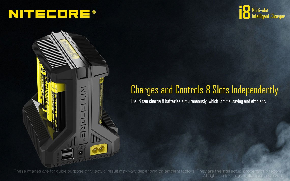 EdisonBright NITECORE i8 Eight Bays Smart Battery Charger for Li-ion/IMR/Ni-MH/Ni-Cd 26650 22650 18650 18490 18350 16340 RCR123 14500 AA AAA AAAA C D USB BBX3 Battery Carry case