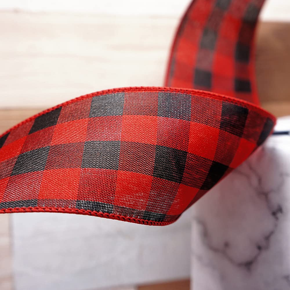 CT CRAFT LLC Plaid Cambridge Gingham Buffalo Wired Ribbon 2.5" x 50 Yards Black with Red for Christmas Home Decor Tree Topper Bow Gift Wrapping DIY Crafts Wreath Garland Wedding