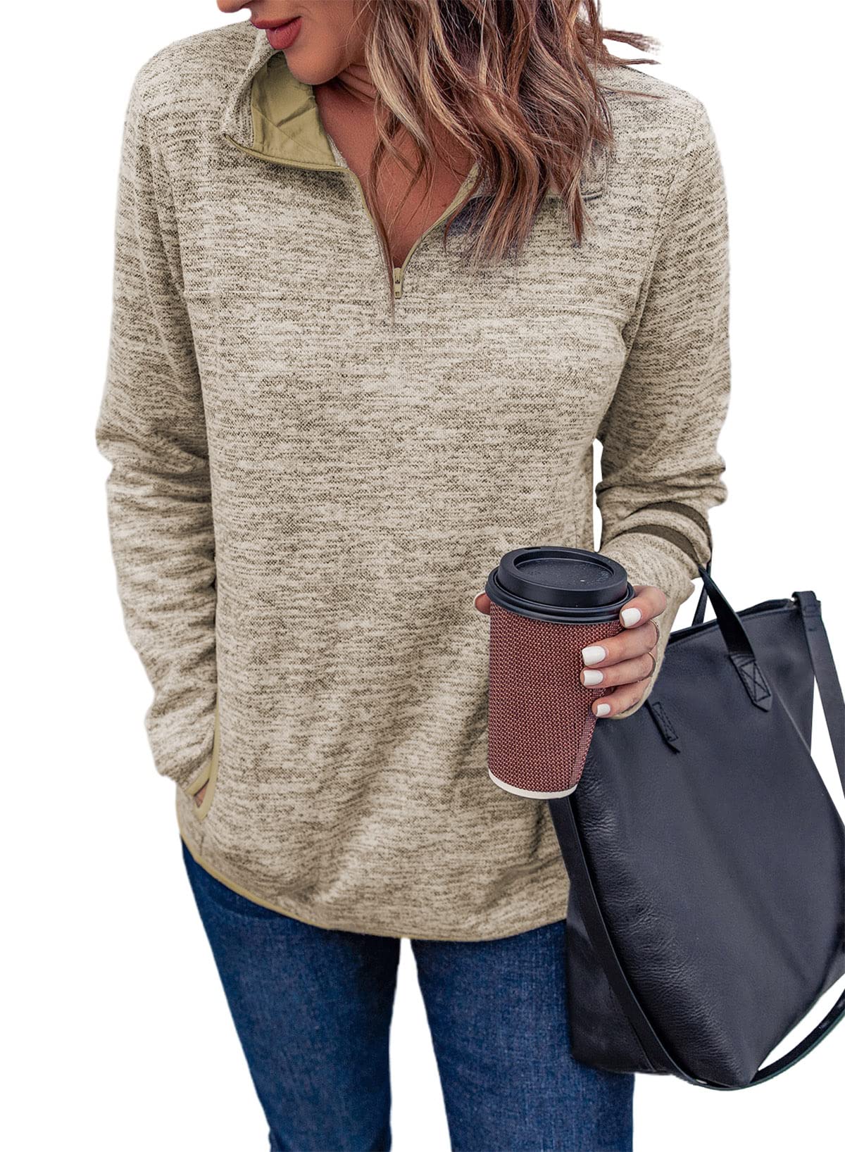 AlvaQ Women Casual Winter Long Sleeve 1/4 Zip Pullover Tops Sweatshirts with Pockets Khaki Medium
