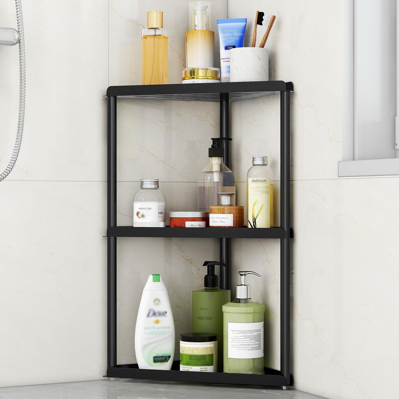 Bethom Corner Shower Caddy Standing, 3 Tier Shower Organizer Stand, Metal Corner Shower Shelf Rack for Inside Shower, Bathroom, Bathtub, Matte Black