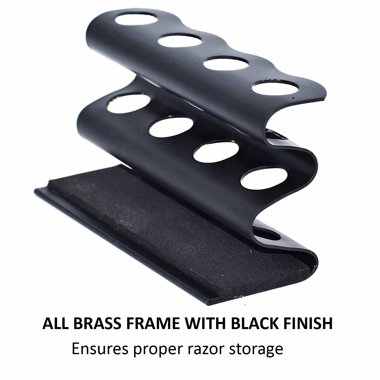 Parker Double Edge Razor Stand – Solid Brass with Black Finish –Holds 4 Razors – Parker Stand with Padded Base – Excellent Storage for Long Handled Double Edge Safety Razors