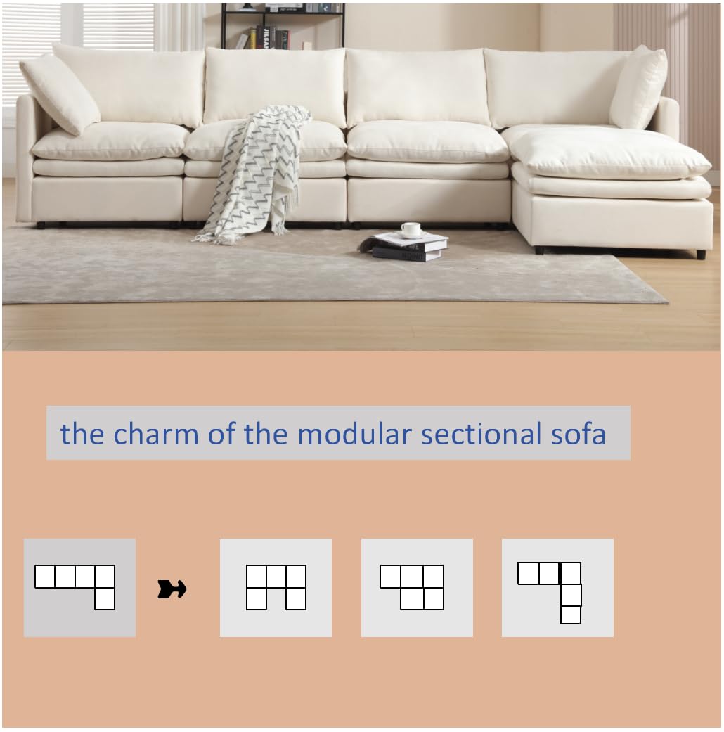 VASOENY 130 X 64.2'' Modular Sectional Couch, 5 Seat Upholstered L Shaped Sofa Couch, Modern Corner Sofa Couch with 6 Pillow for Living Room, Office, Convertible Chaise Lounge
